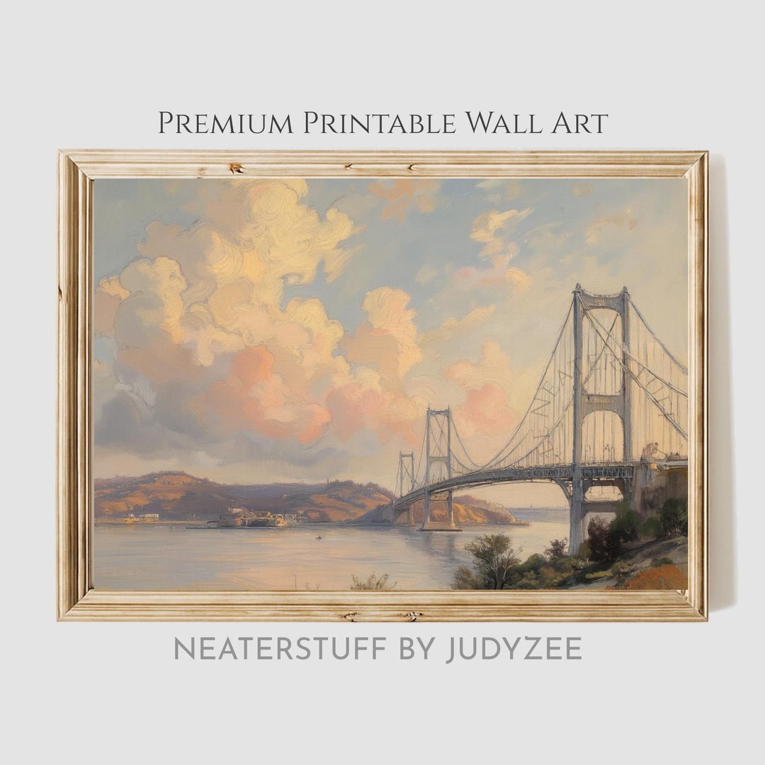 Coastal Suspension Bridge Printable Art - Vintage Landscape Painting ...