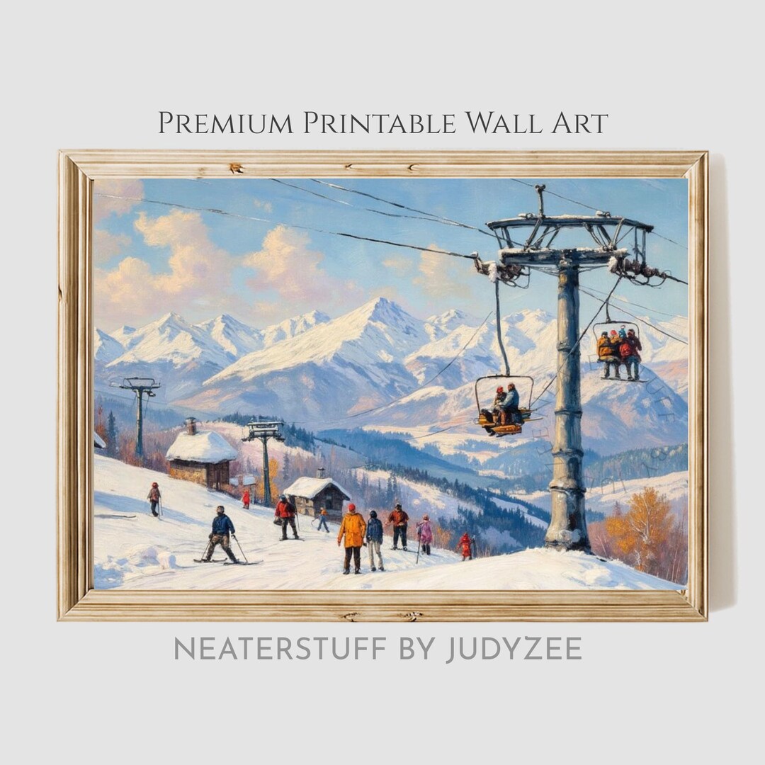 Vintage Alpine Ski Lift Printable Art, Cozy Winter Scene, Snowy ...