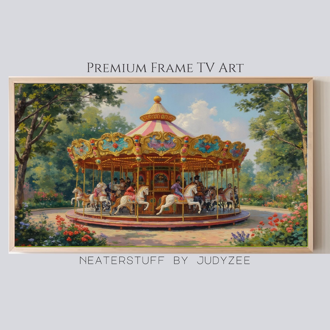 Vintage Carousel Frame TV Art, Summer Amusement Park, Rustic Landscape ...