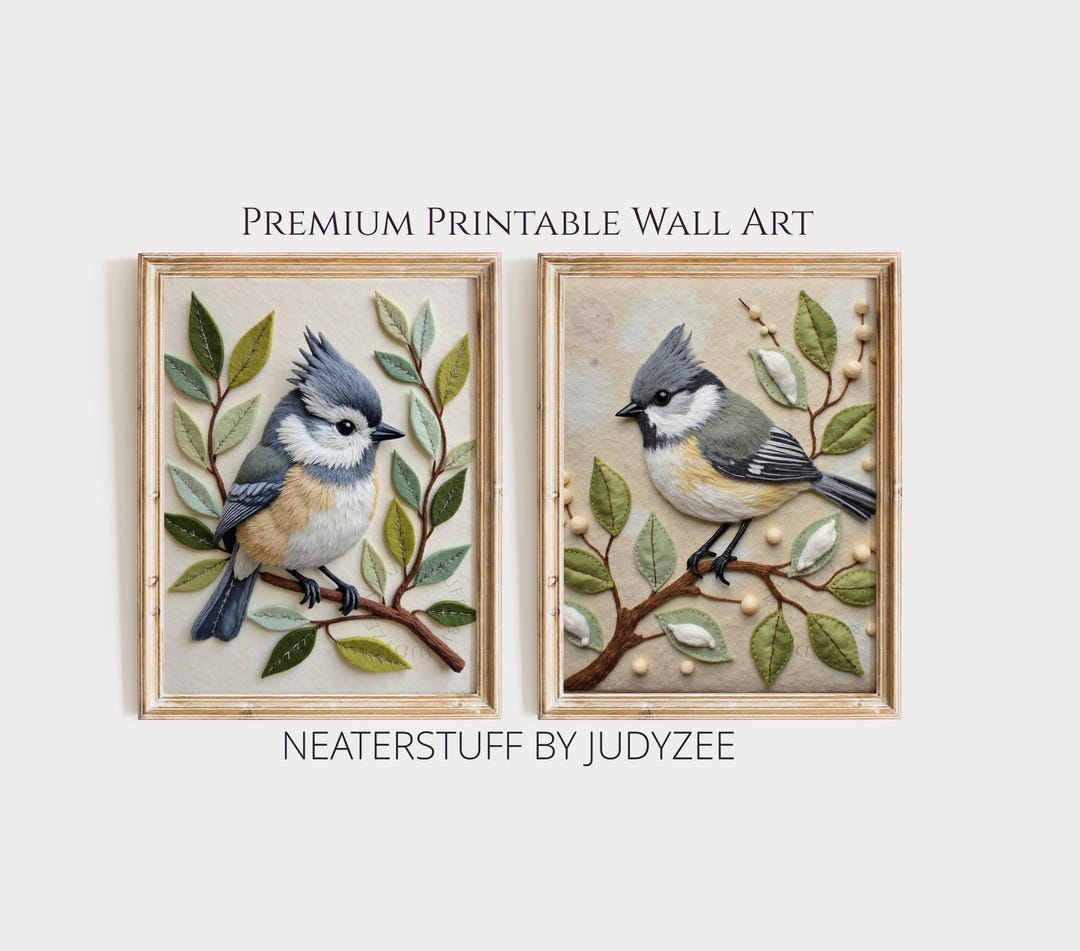 Vintage Botanical Tufted Titmouse Bird Print Set of 2 Wall Art, Felt ...