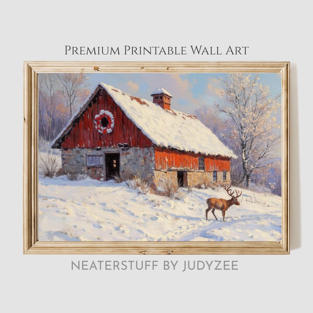 Vintage Red Barn Winter Scene, Rustic Pastoral Wall Art, Snowy ...
