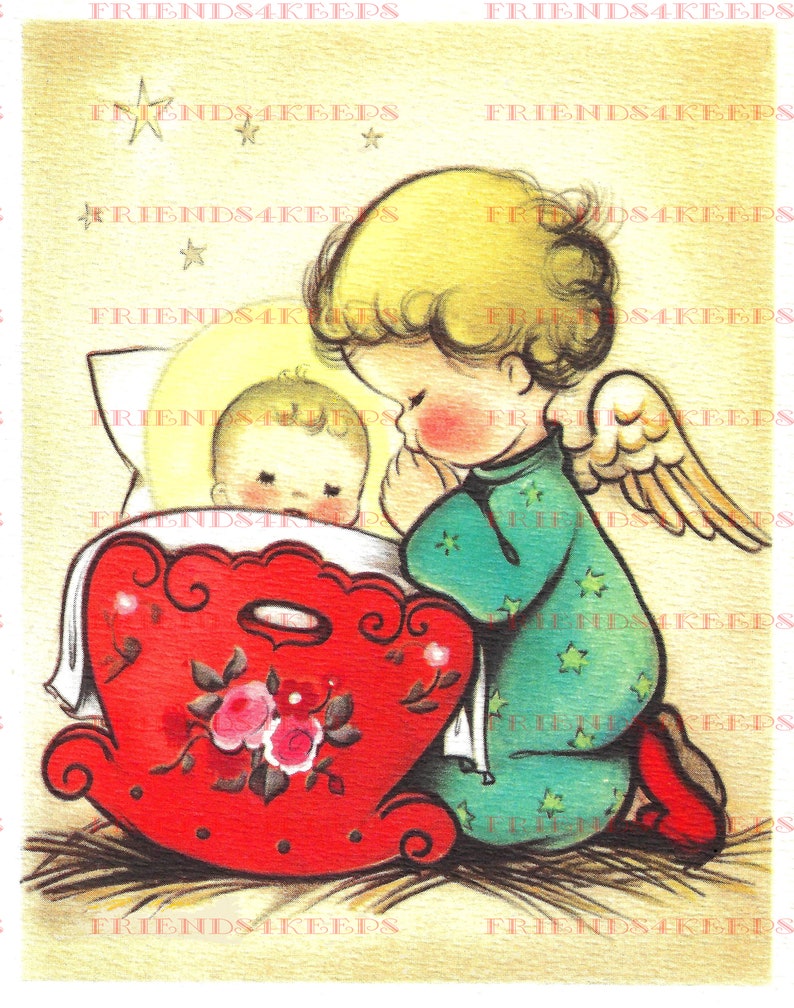 INSTANT DOWNLOAD 1940s Vintage "angel Praying Over Baby Jesus ...