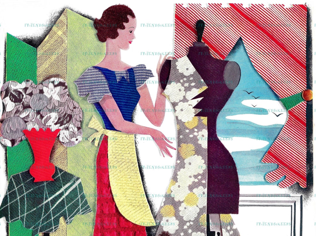 Vintage Printable ART DECO DRESSMAKER Seamstress Sewing a New Dress ...