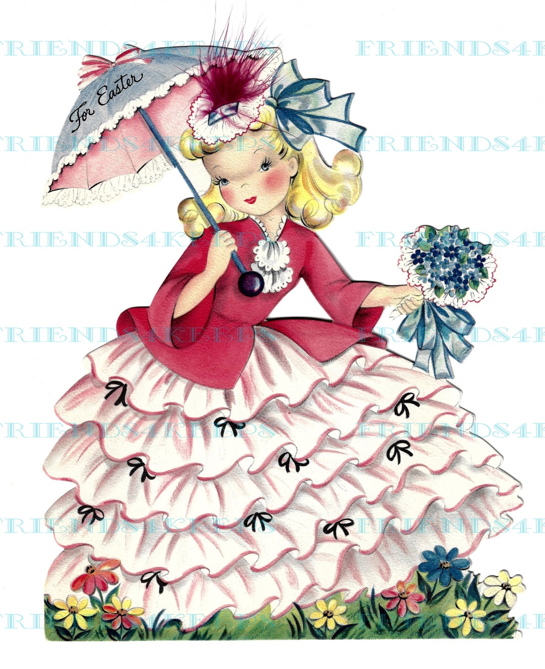 Vintage BELLE With Parasol and Posy Easter Greeting Card Image Digital ...