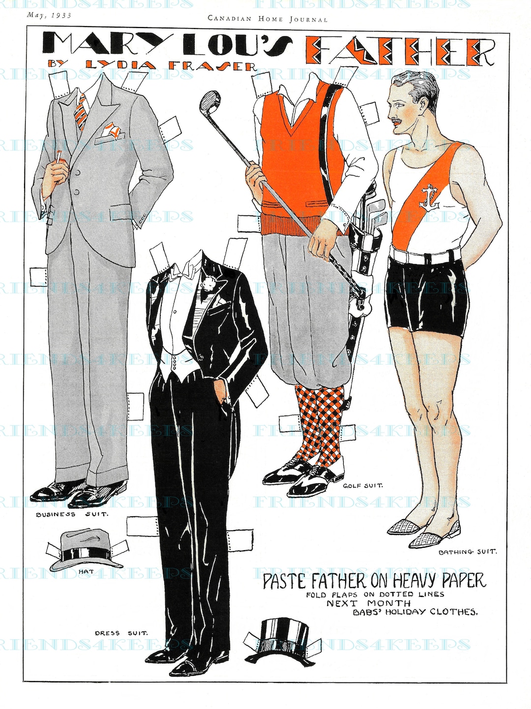 Art Deco Era "father" Printable Paper Doll Cut-outs Instant Digital ...
