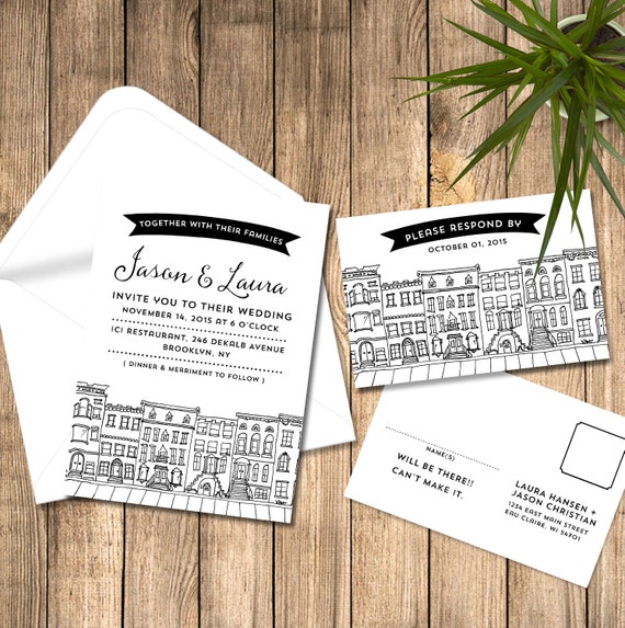 Items similar to Wedding Invitation Brownstone Hand Drawn on Etsy