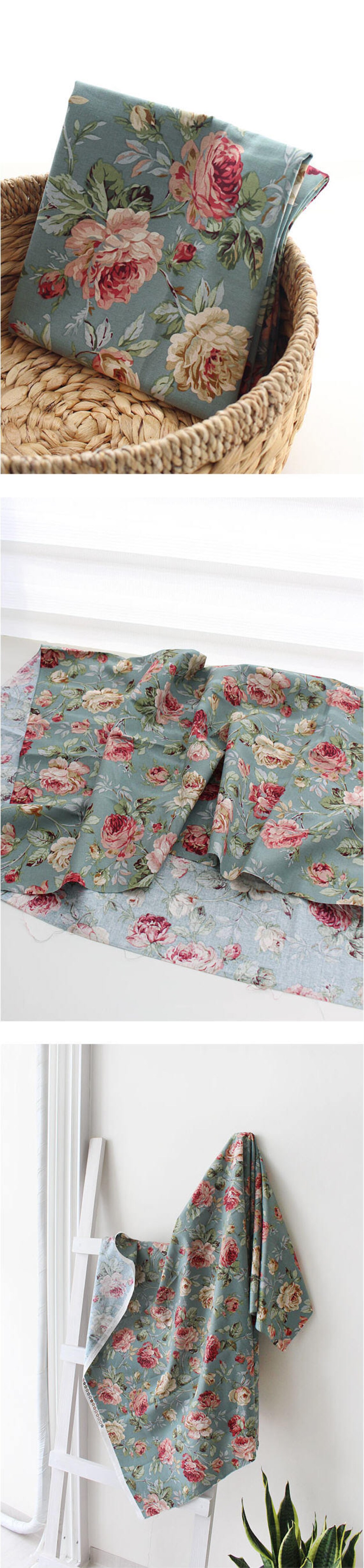 Roses Garden Cotton Fabric - Dark Gray, Indi Pink, Mint, Brown or Khaki ...
