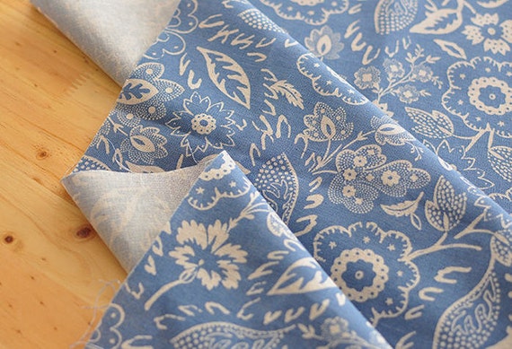 Blue Flowers Cotton Linen By the Yard 87722 | Etsy