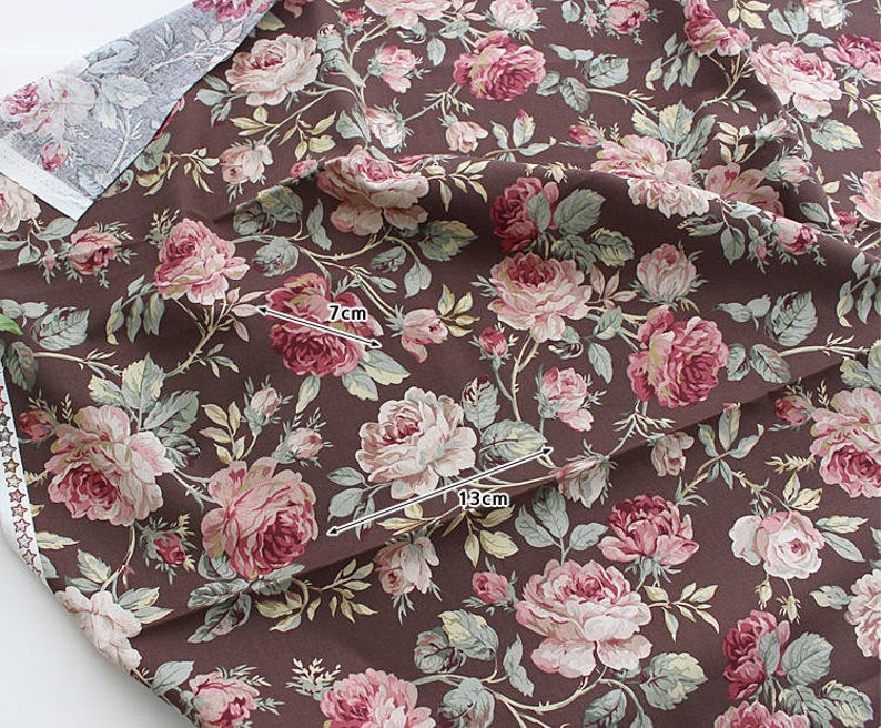 Roses Garden Cotton Fabric - Dark Gray, Indi Pink, Mint, Brown or Khaki ...