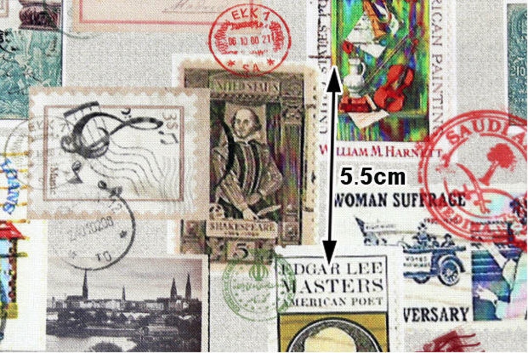 Vintage Postal Stamps Cotton Fabric, Digital Printing - Fabric by the ...