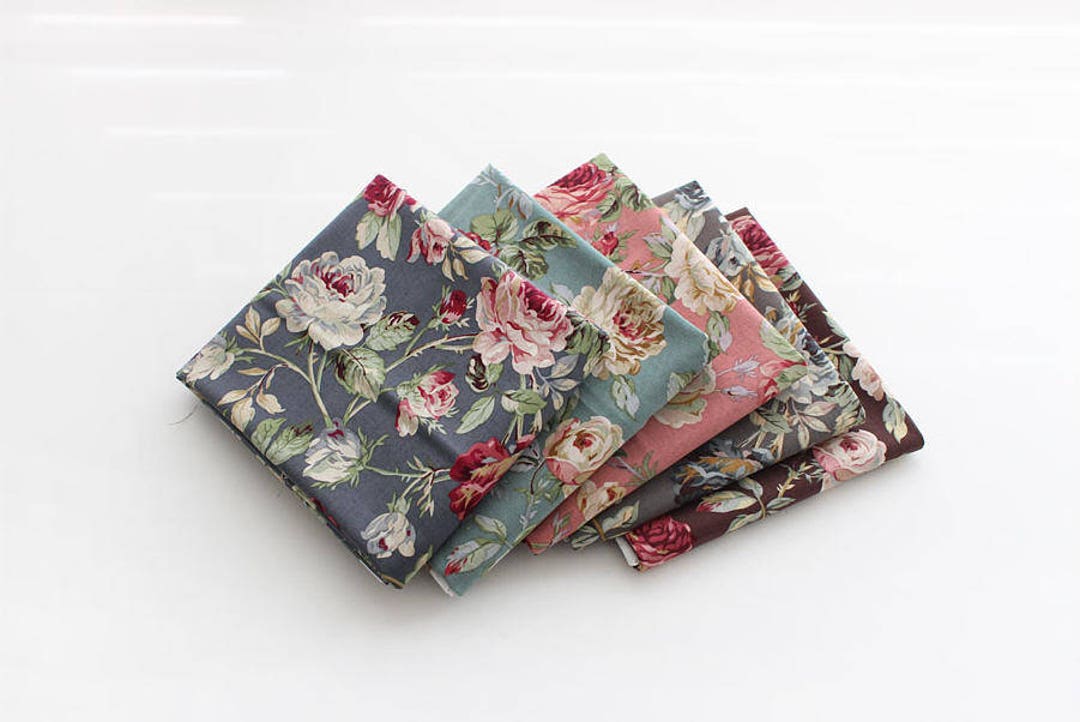 Roses Garden Cotton Fabric - Dark Gray, Indi Pink, Mint, Brown or Khaki ...