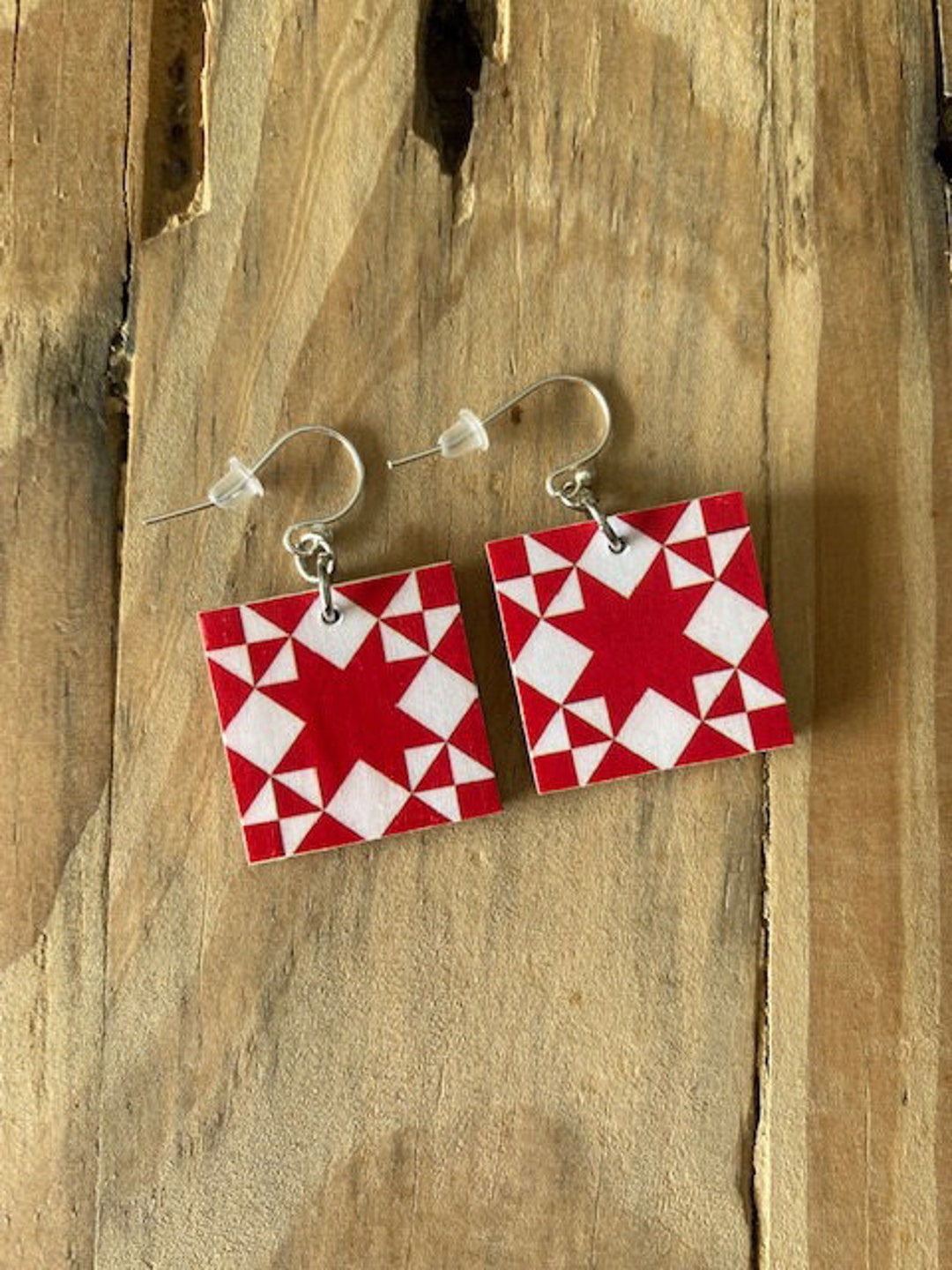 Red Star Quilt Pattern Earrings, Barn Art, REVERSIBLE Image, One Inch ...