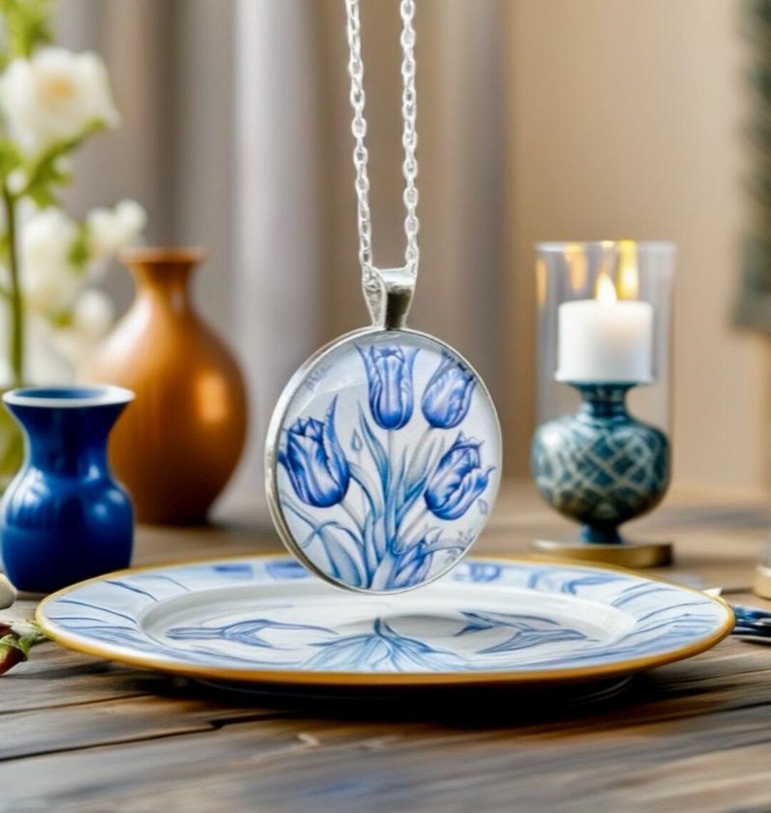 Beautiful Blue White Delft Ware Floral Pendant Necklace, Large 1.5 Inch ...