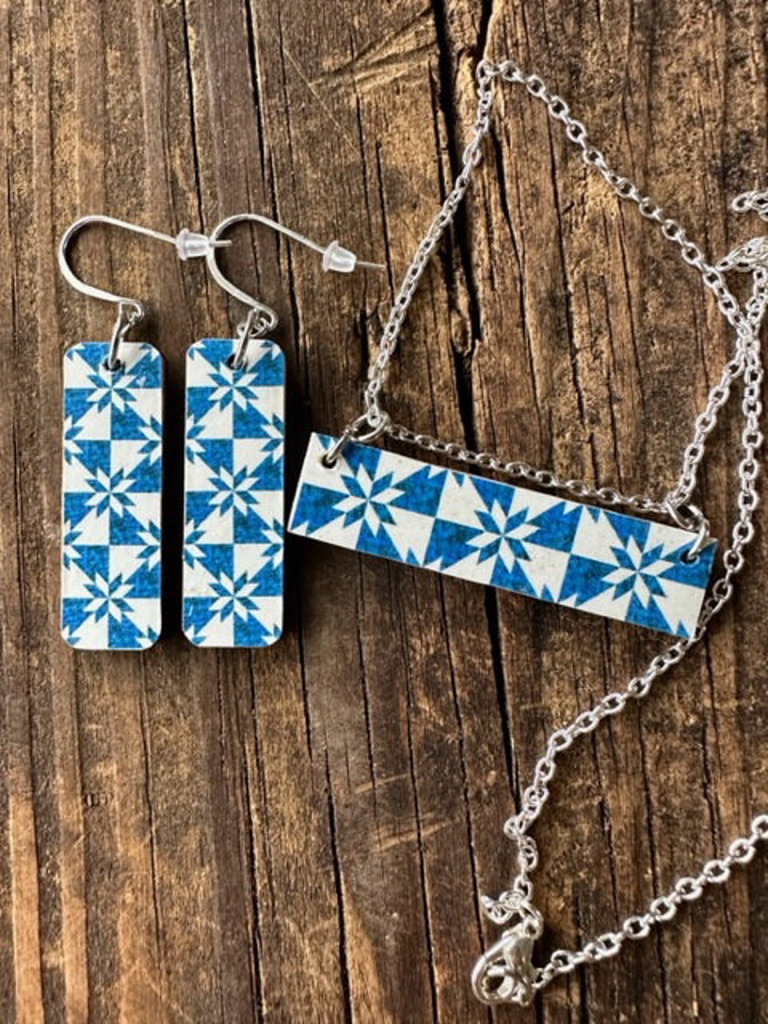 Blue Star Quilt Set, Barn Art, Quilt Earrings and Bar Necklace Print ...