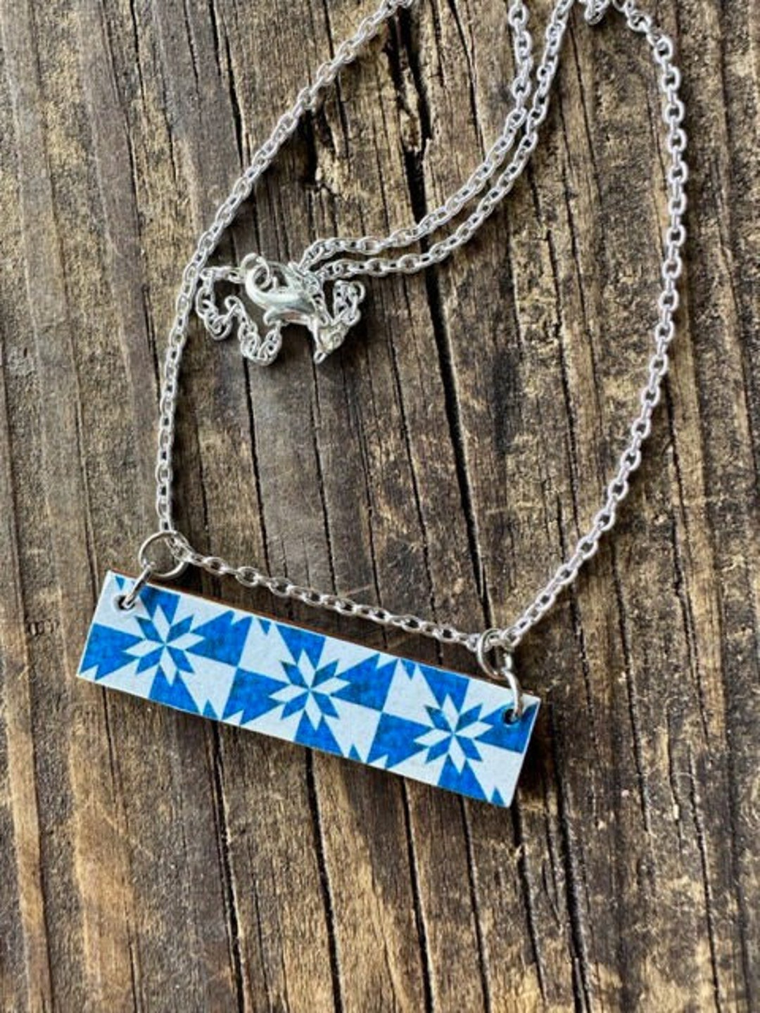 Blue Star Quilt Pattern Bar Necklace, REVERSIBLE, Wood and Paper ...