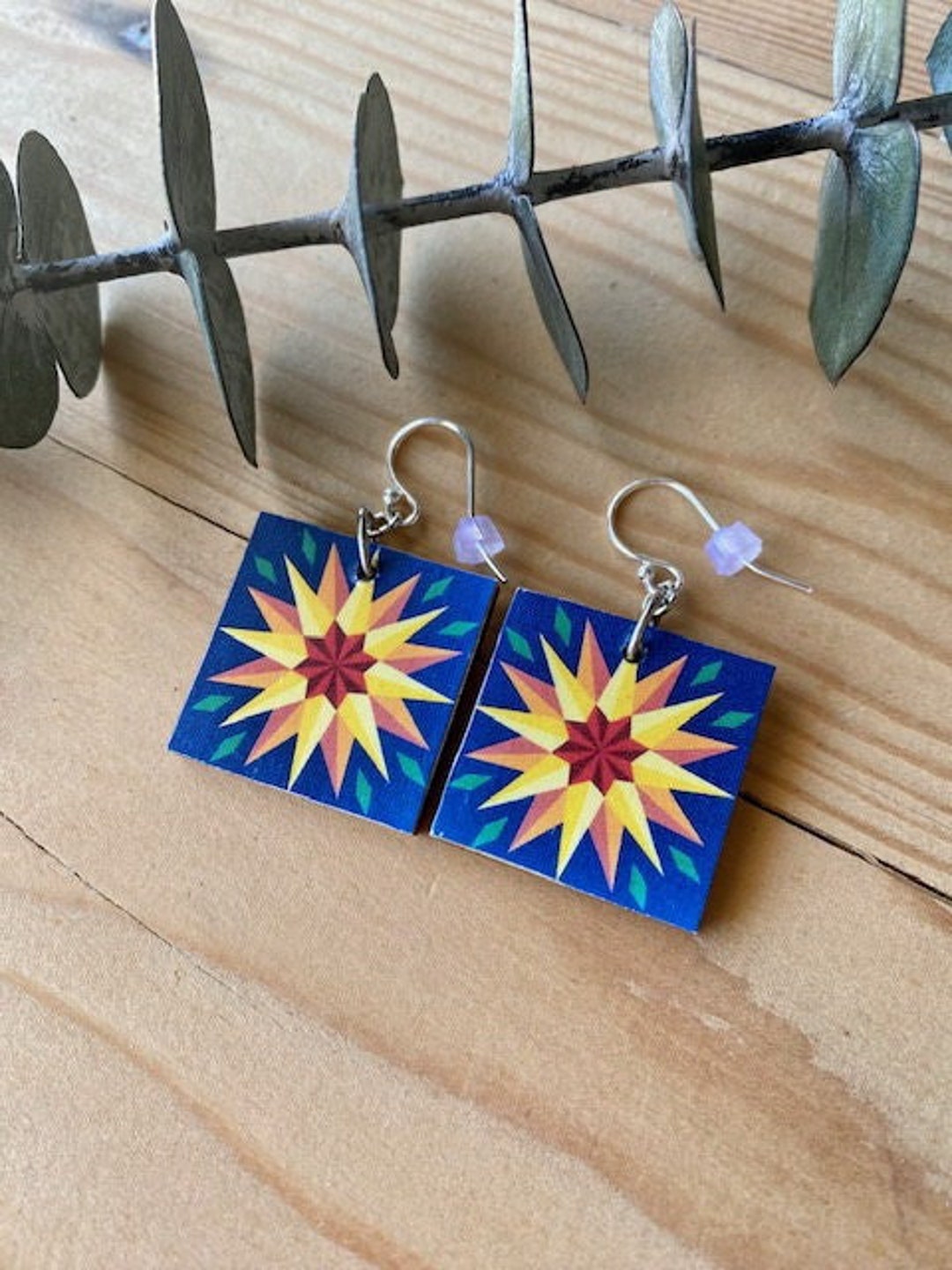 Sunflower Star Quilt Pattern Earrings, Barn Art, REVERSIBLE Image, One ...
