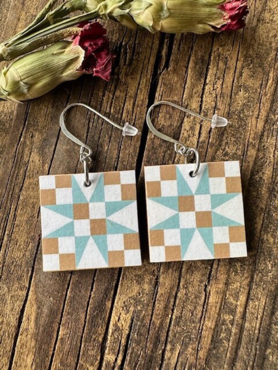 Barn Art, Quilt Pattern Earrings, REVERSIBLE Image, One Inch Recycled ...