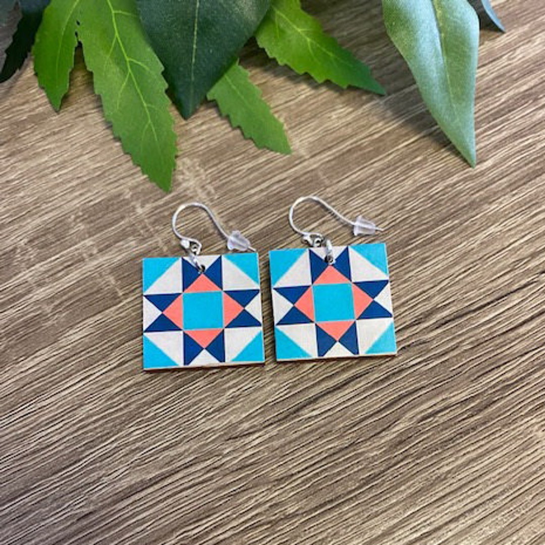 Ohio Star Quilt Pattern Earrings, Barn Art, REVERSIBLE Image, One Inch ...