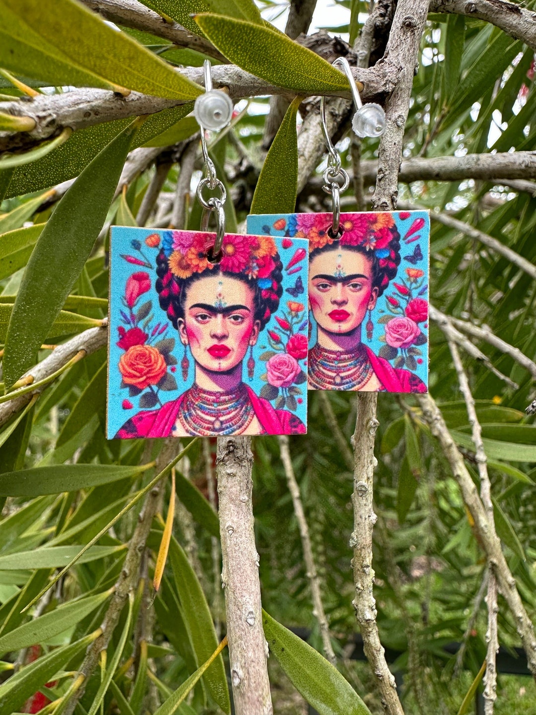Frida Kahlo Inspired Earrings, REVERSIBLE, One Inch Square, Recycled ...