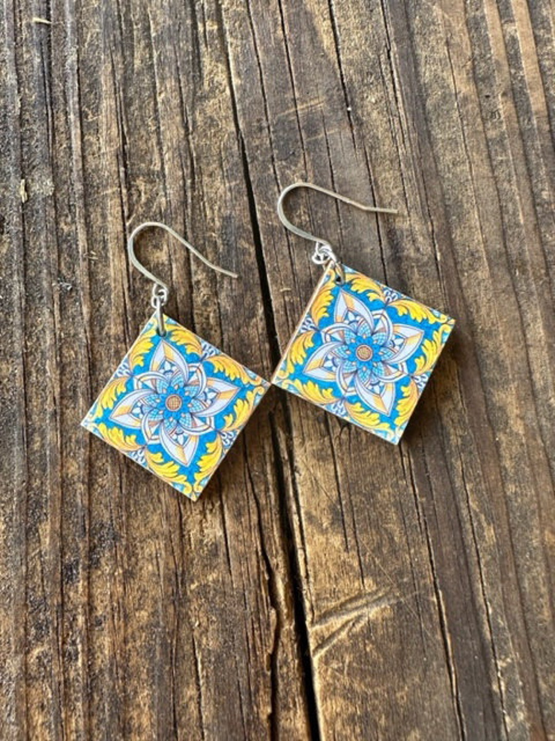 Italian Tile Print, Blue and Yellow, REVERSIBLE, One Inch Square ...