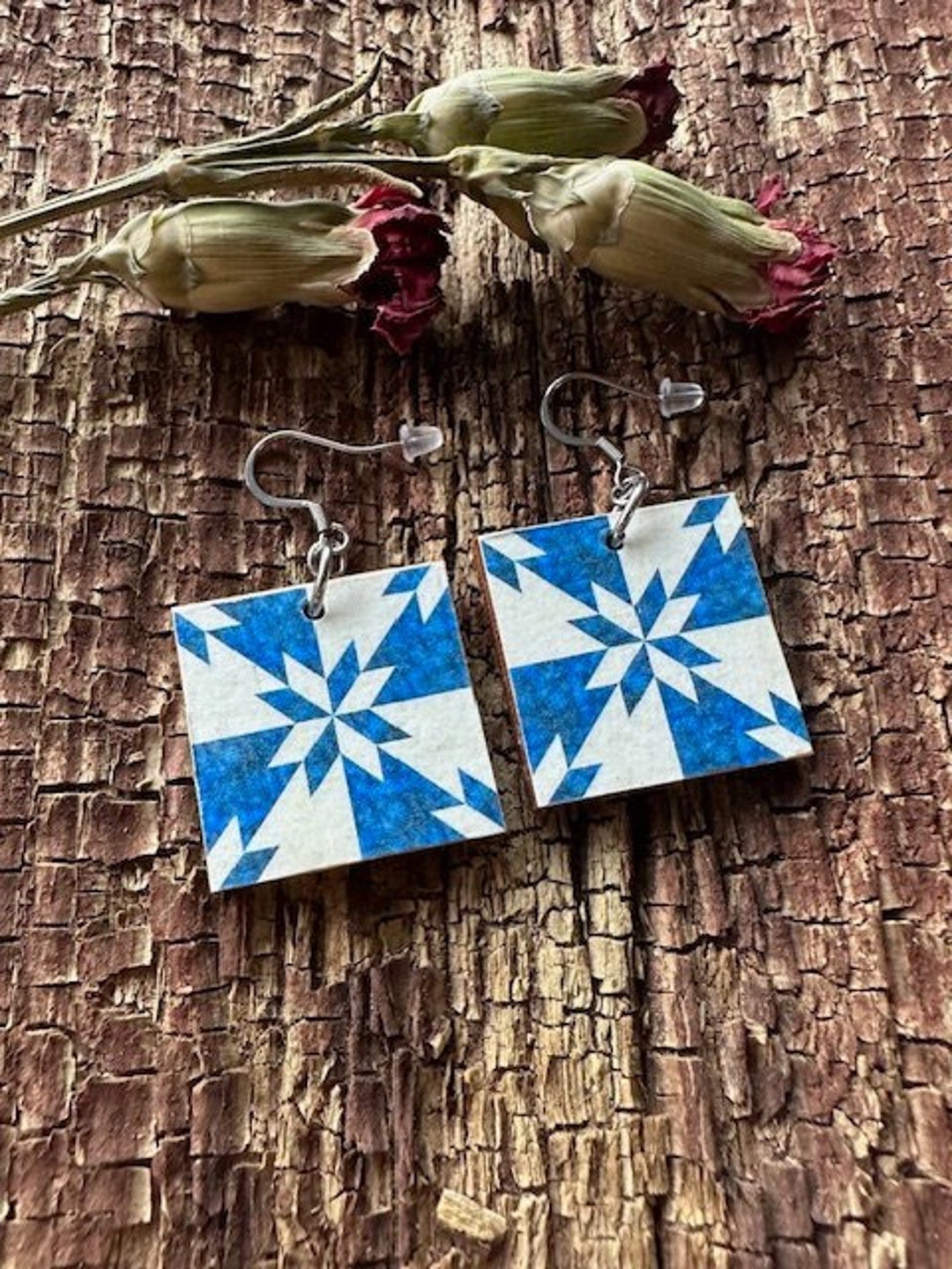 Blue Star Quilt Pattern Earrings, REVERSIBLE, One Inch Recycled Wood ...