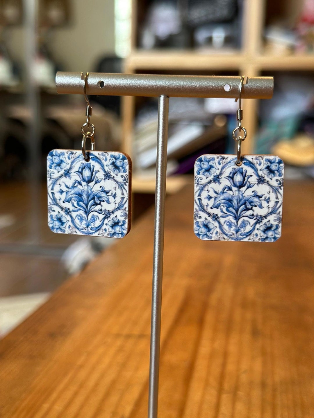 Blue Delft Print Earrings, One Inch, Sterling or Stainless Wire ...