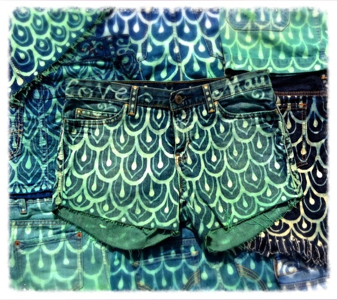 Green Mermaid Scale Upcycled Denim Shorts - Etsy
