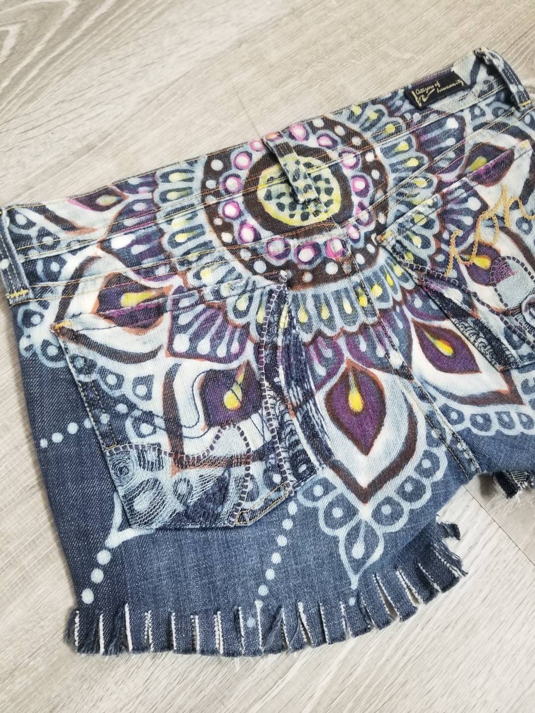 Remused Upcycled Shorts With Colorful Lotus Mandala Design - Etsy