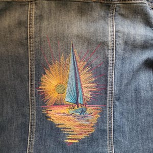 Embroidered Thrifted Denim Jacket Sunset Sail Embroidered Denim Jacket ...