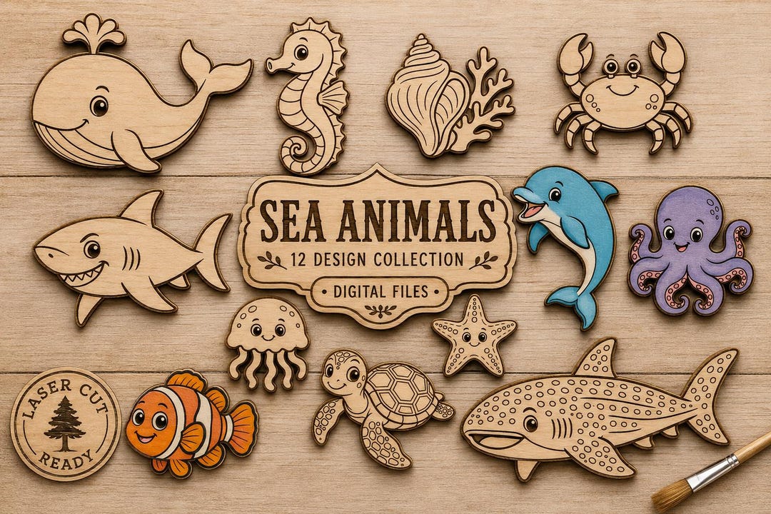 Sea Animal SVG Laser Cut Files, Chibi Ocean Bundle, 12 Design Set ...