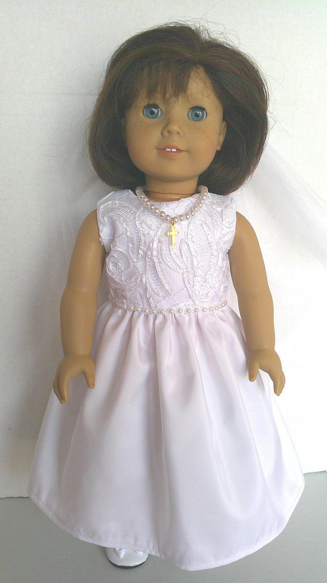 First Communion Doll Dress: Satin, Lace, Cross Necklace, Veil - Fits 18 ...