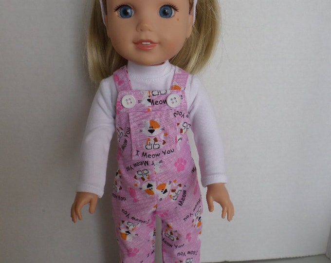 Pink Kitty Cat Bib Overalls and White Knit Tee Shirt Fits 14 Inch Dolls ...
