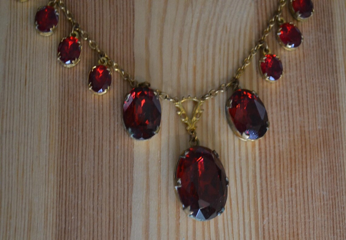 Lovely Antique Art Deco Gothic Style Gold Tone Necklace With Ruby Red ...