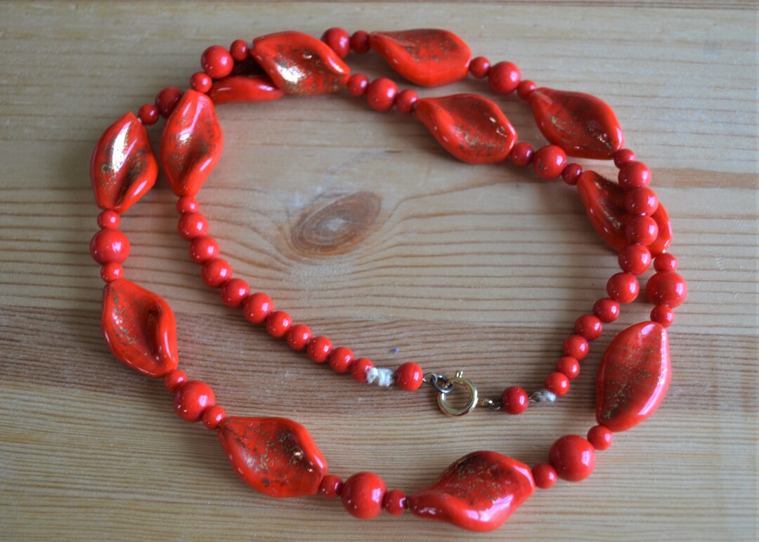 Amazing Antique Art Deco Red Glass Necklace With Gold Accents / Art ...