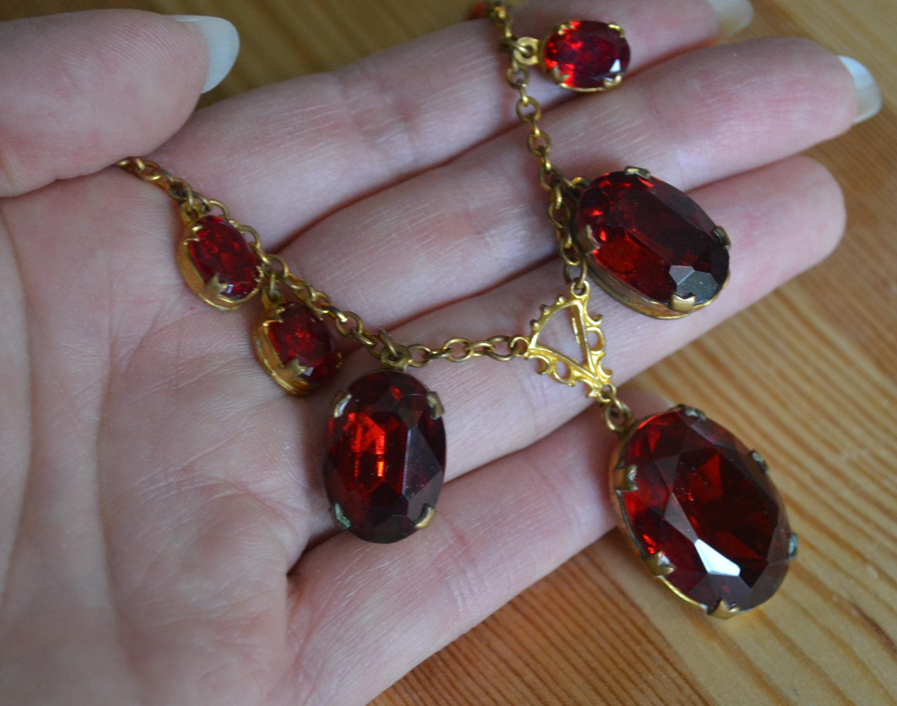 Lovely Antique Art Deco Gothic Style Gold Tone Necklace With Ruby Red ...