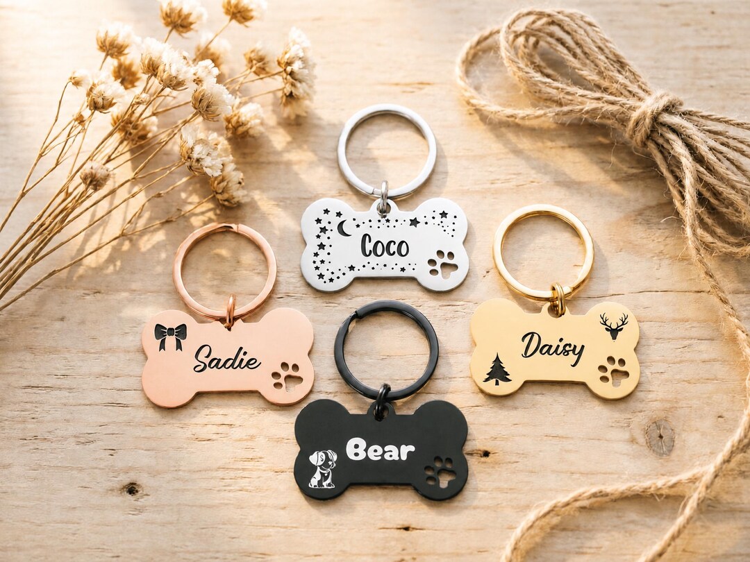 Personalized Bone Pet ID Tag, Engraved Stainless Steel Collar, Custom ...