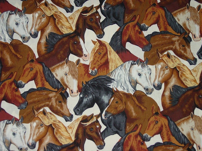 Real Mccoy MUSTANG Horse Heads White Horse Equestrian Fabric Robert ...