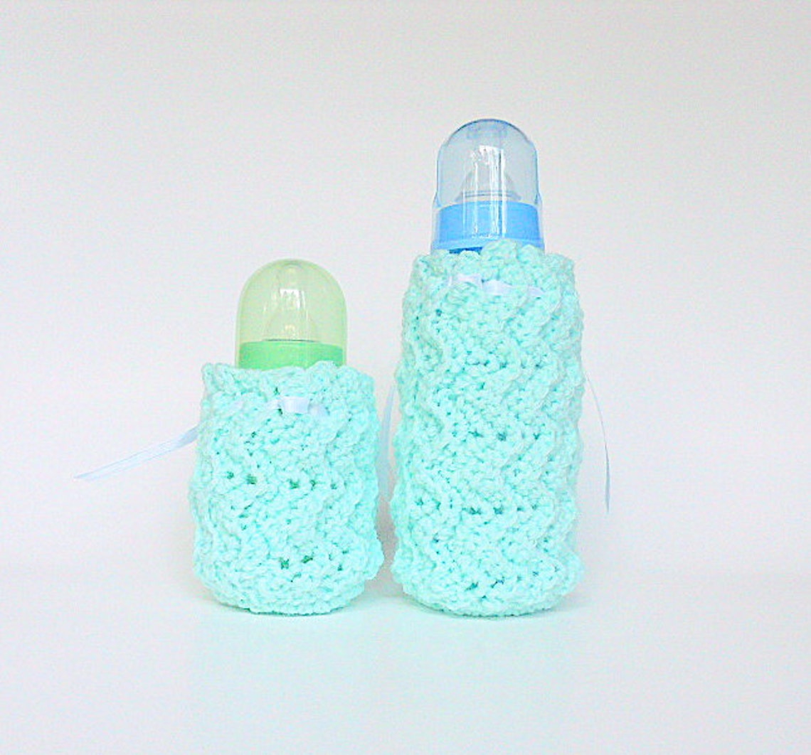 Two Pastel Green Baby Bottle Covers With White Ribbon Kozy Set | Etsy