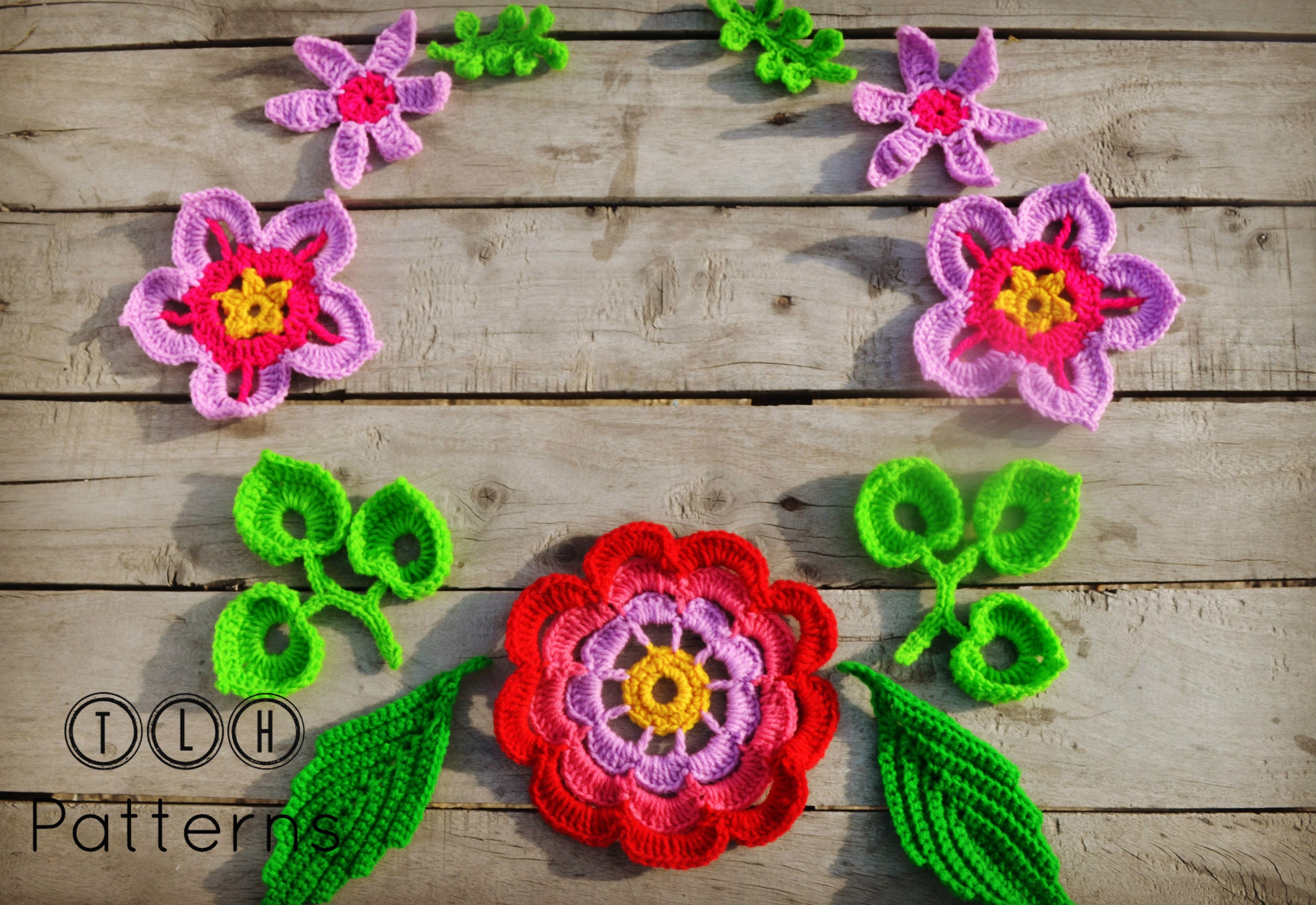 Crochet Flowers and Leaves Applique Pattern, Crochet Applique Pattern ...