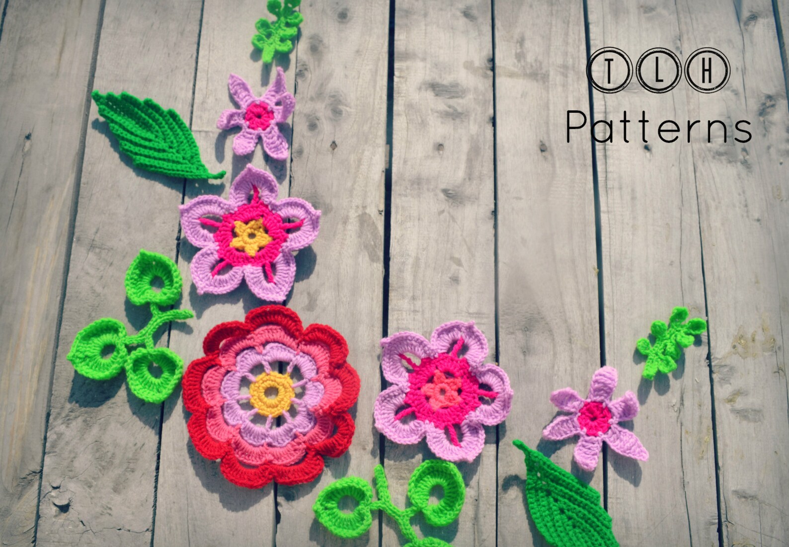 Crochet Flowers and Leaves Applique Pattern, Crochet Applique Pattern ...