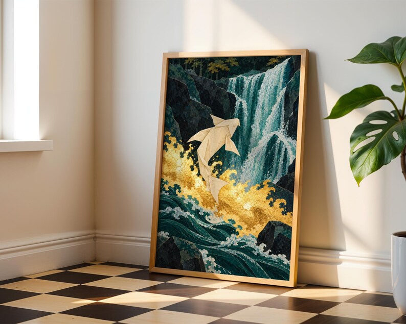 Origami Koi Fish Leaping Waterfall Poster, Gold Japandi Wall Art, Teal ...