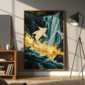 Origami Koi Fish Leaping Waterfall Poster, Gold Japandi Wall Art, Teal ...
