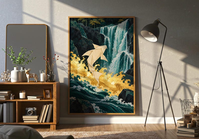 Origami Koi Fish Leaping Waterfall Poster, Gold Japandi Wall Art, Teal ...