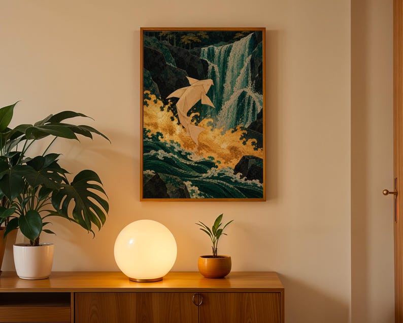 Origami Koi Fish Leaping Waterfall Poster, Gold Japandi Wall Art, Teal ...