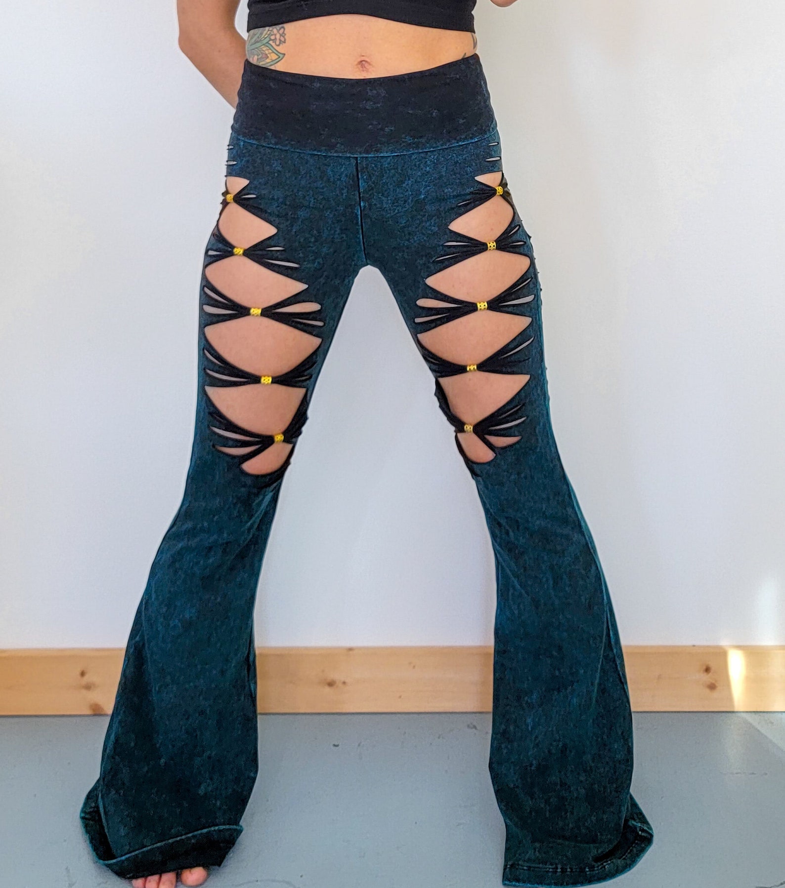 Beaded Mineral Wash Flares Yoga Pants Foldover Pants Ripped - Etsy