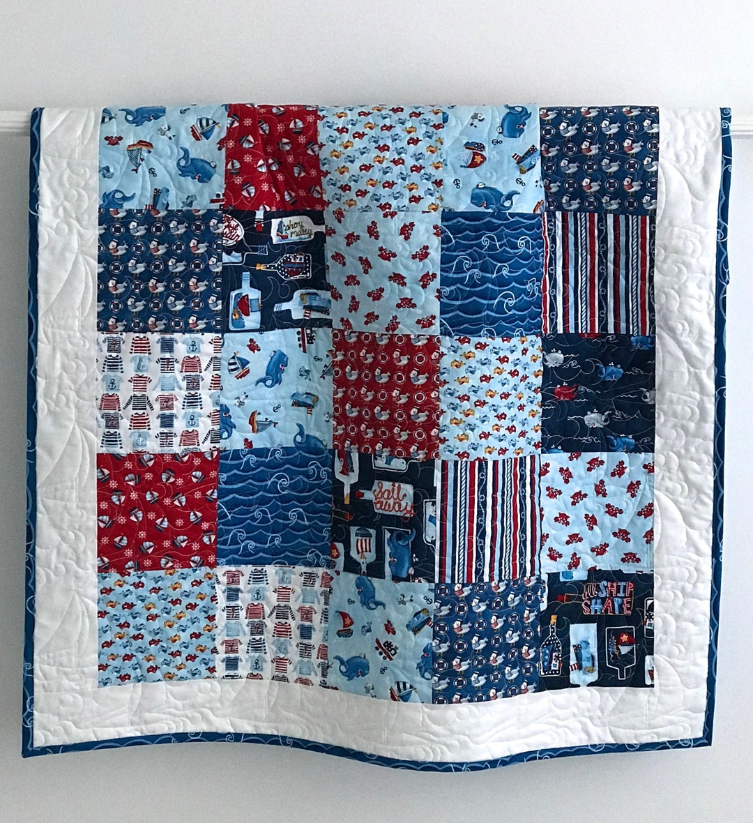 Baby Quilt Boy Patchwork A Whale of A Time Collection Nautical Prints ...