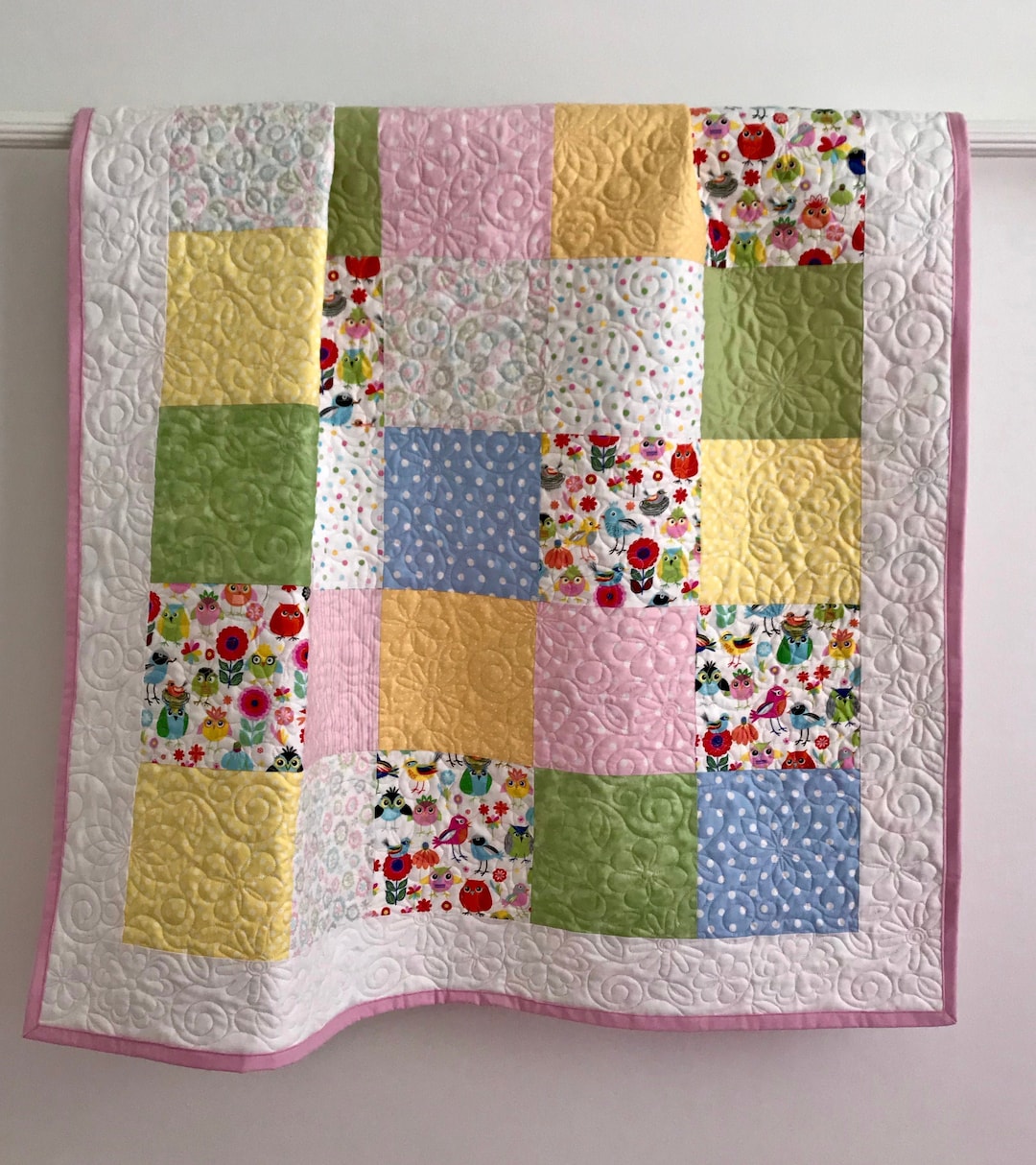 Modern Patchwork Baby Girl Quilt With Whimsical Tiny Birds Pink Yellow ...
