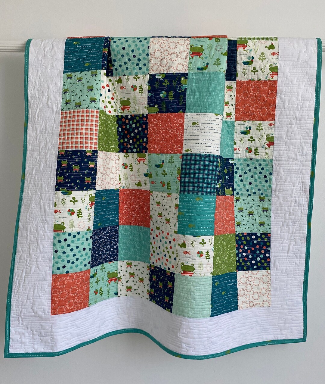 Baby Quilt Boy Patchwork Ready Set Splash Aqua Blue White Coral Green ...