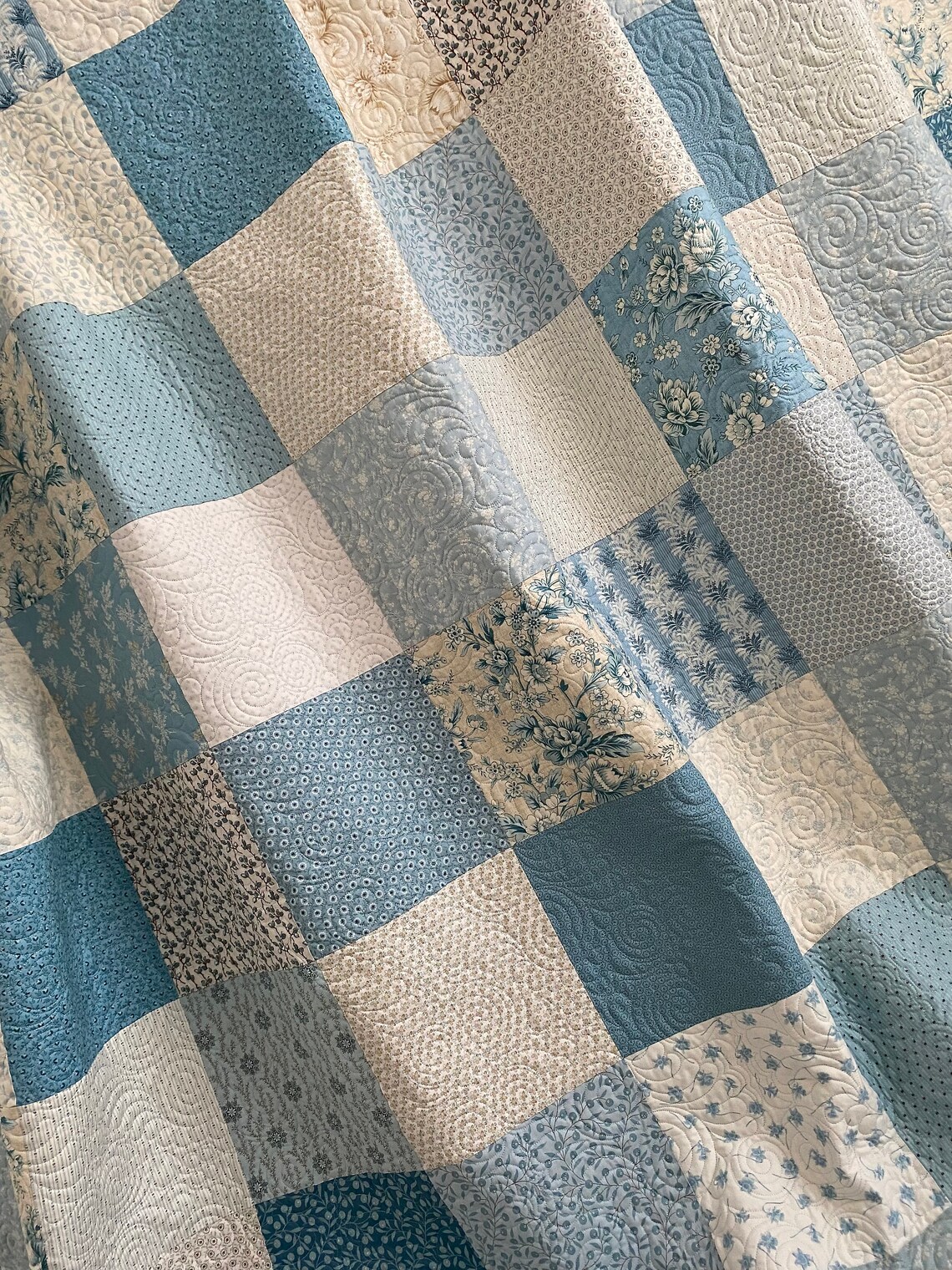 King Patchwork Quilt W/ Designer Fabric Blue White Cream - Etsy