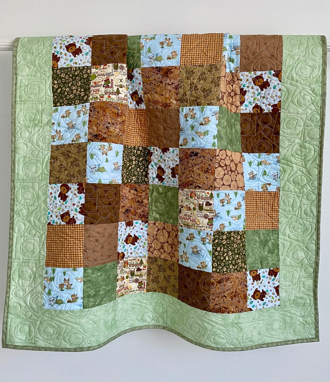 Baby Quilt Boy Patchwork Bears Camping Green Brown Blue Keepsake Quilt Studio - Etsy